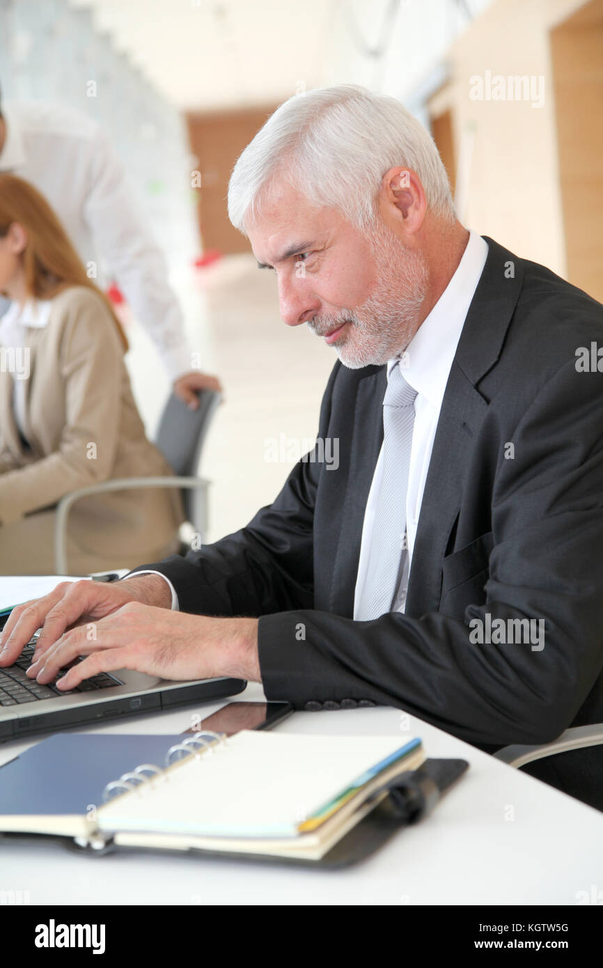 Senior businessman working on laptop computer Stock Photo - Alamy