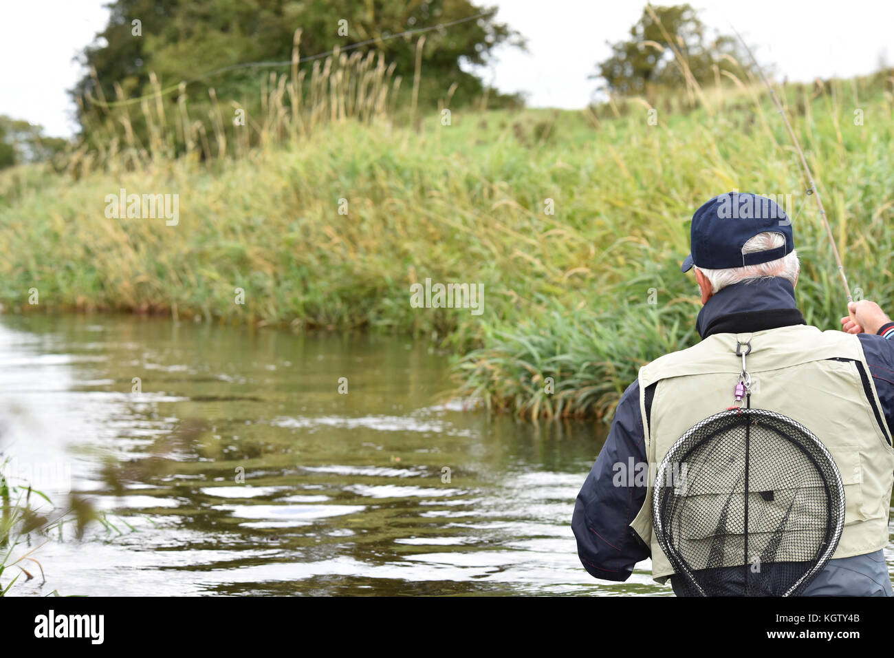 Back view of fly-fisherman fishing in river Stock Photo - Alamy
