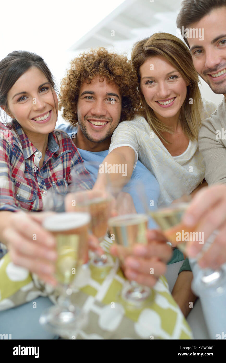 Closeup of friends cheering with glass of wine Stock Photo - Alamy