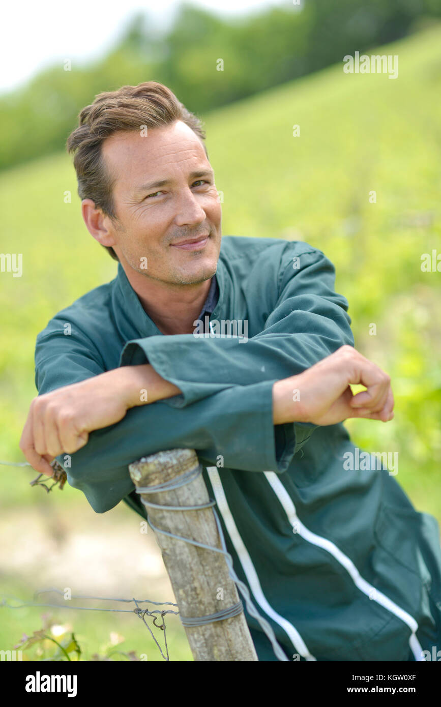 Smiling vinegrower standing in vineyard Stock Photo - Alamy