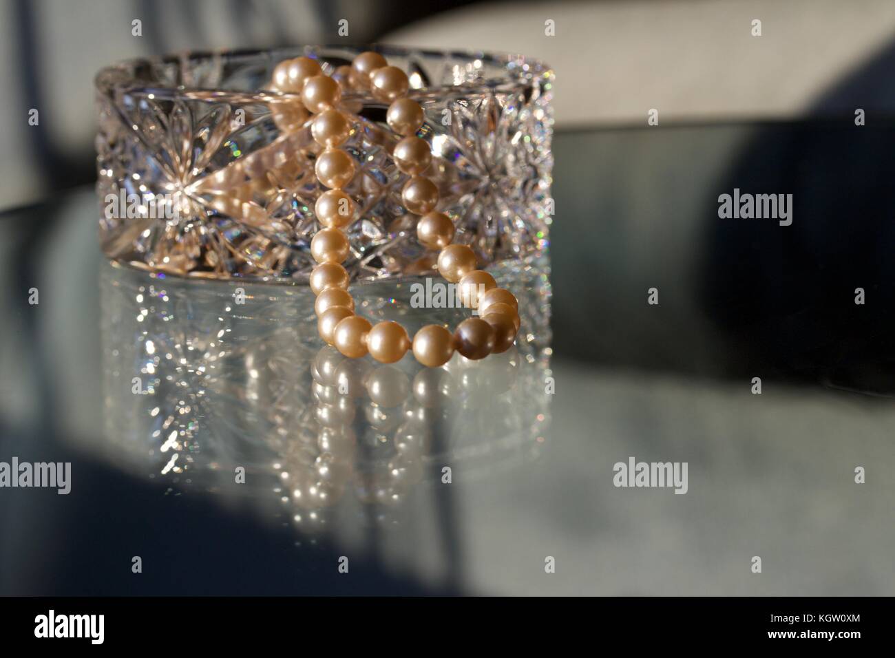 Close up image shows cultured pearls adorning a beautiful lead crystal ...