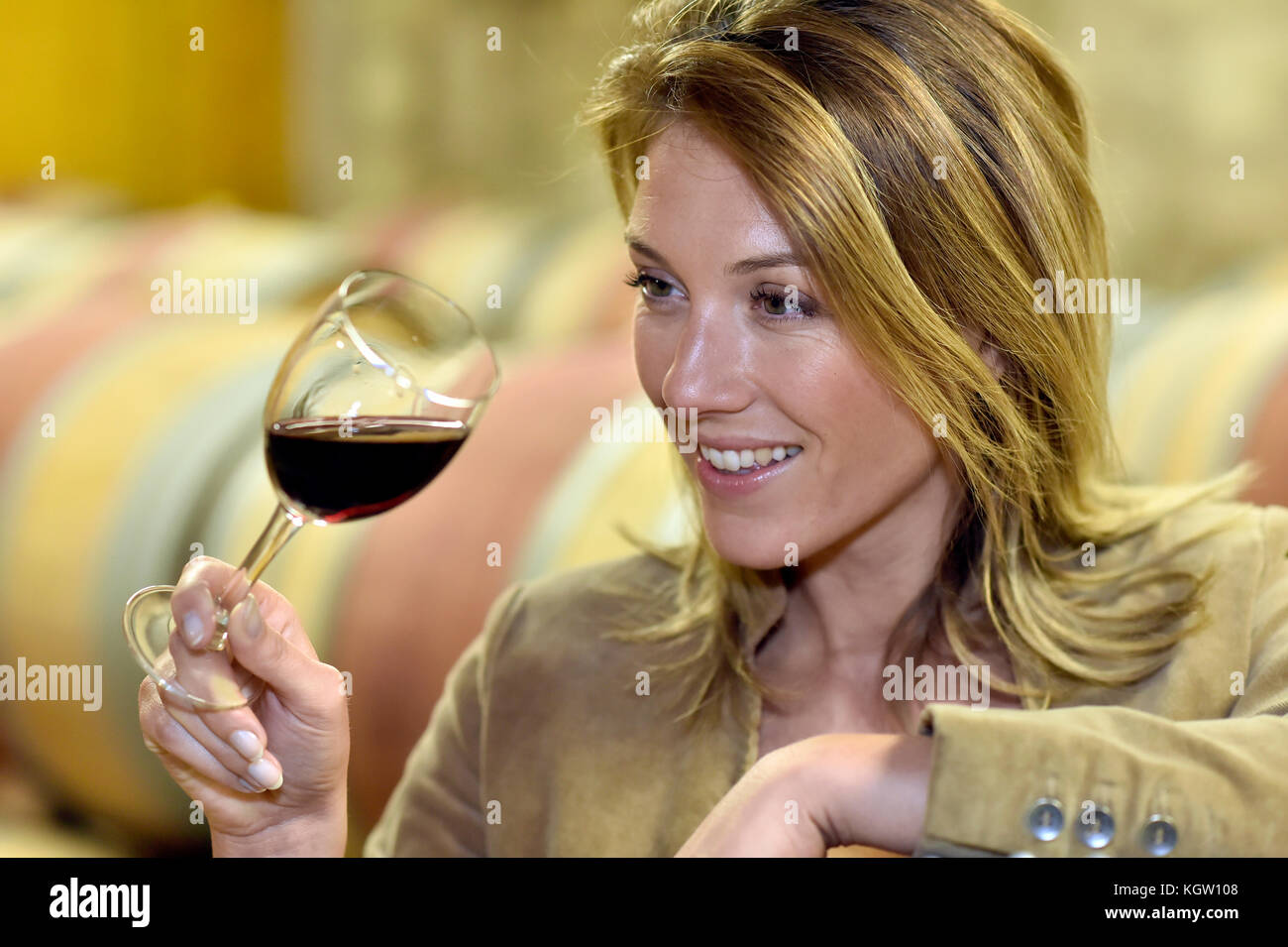 Woman tasting red wine winery hi-res stock photography and images - Alamy