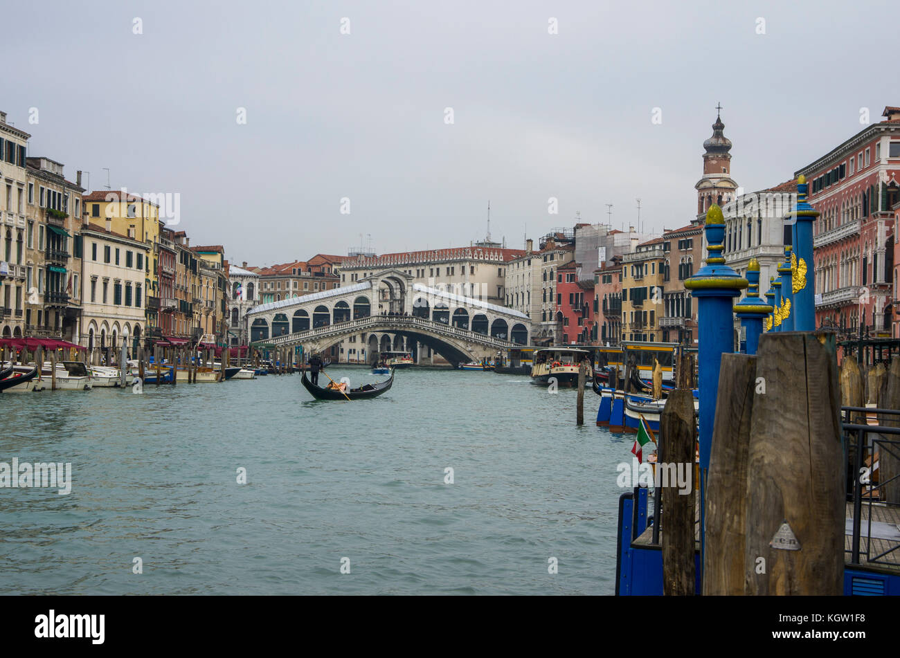 View looking down the Grande Canal Venice, Italy, towards the Rialto ...