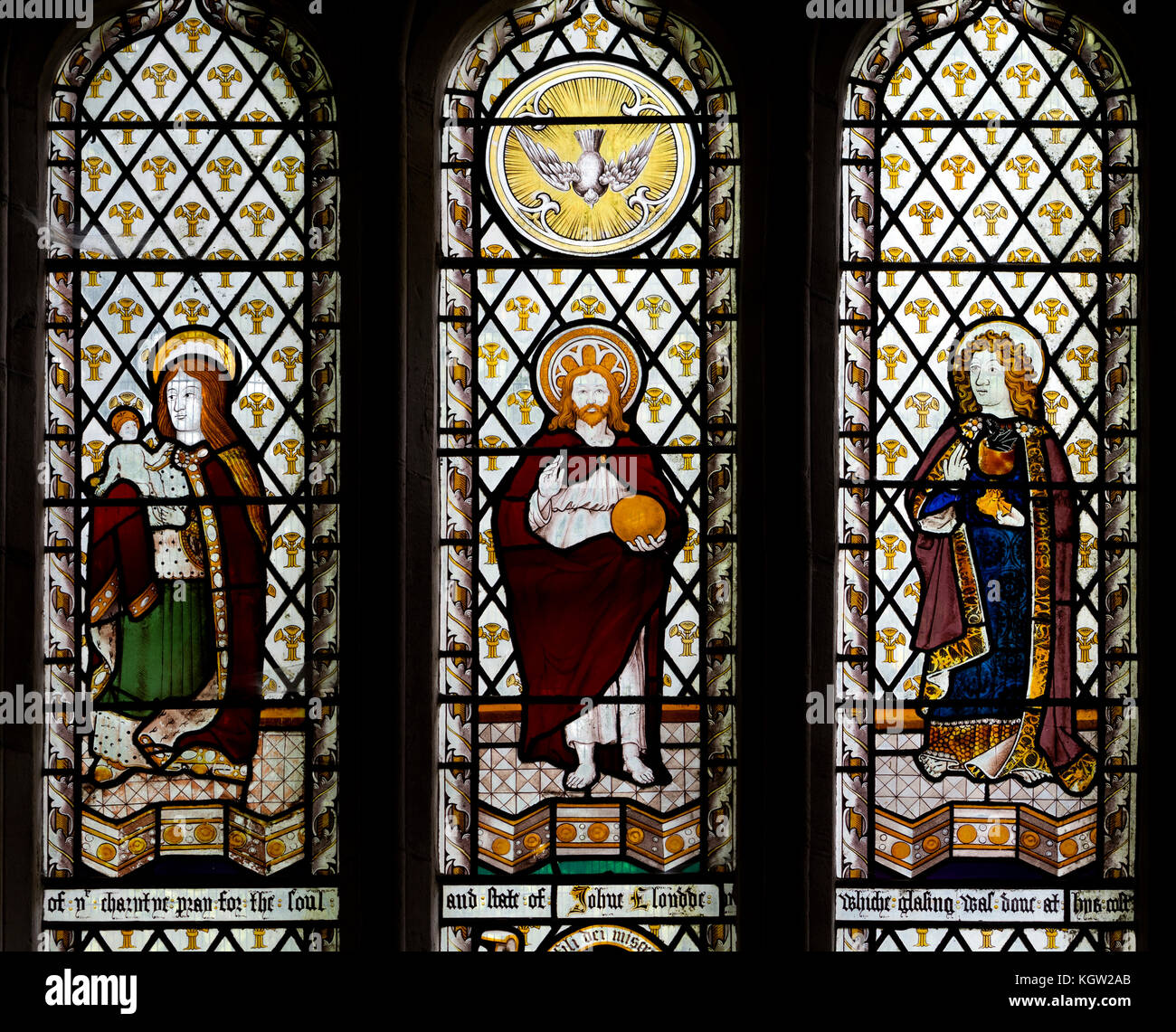 Stained glass in St. Michael`s Church, Munslow, Shropshire, England, UK ...