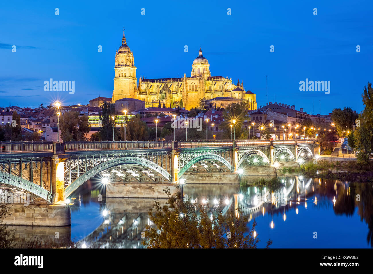 Cathedral of Salamanca and bridge over Tormes river, Spain Stock Photo ...