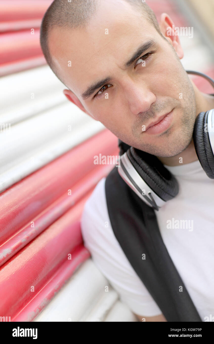 Young man with music headphones Stock Photo - Alamy