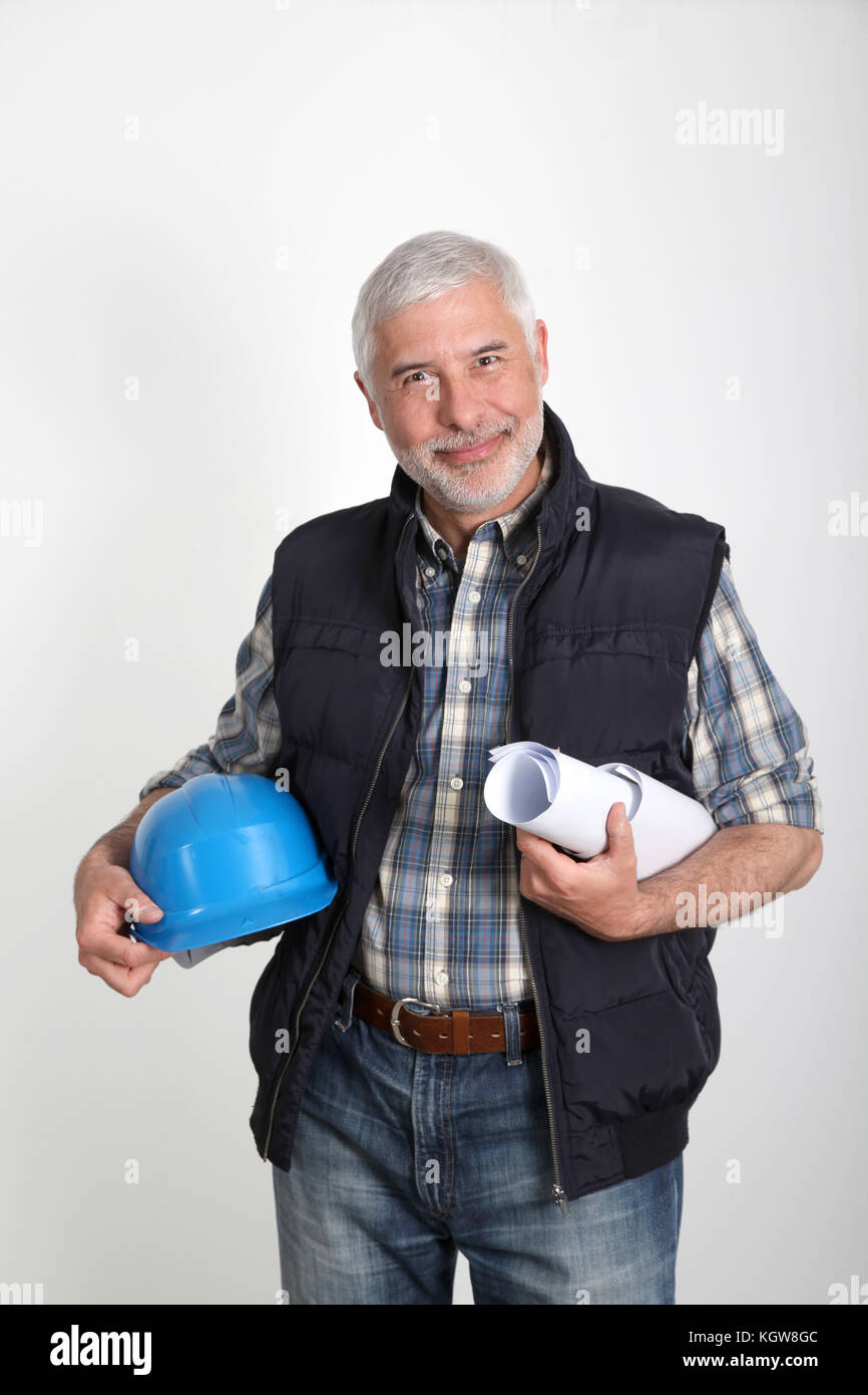 Construction site manager with security helmet Stock Photo - Alamy