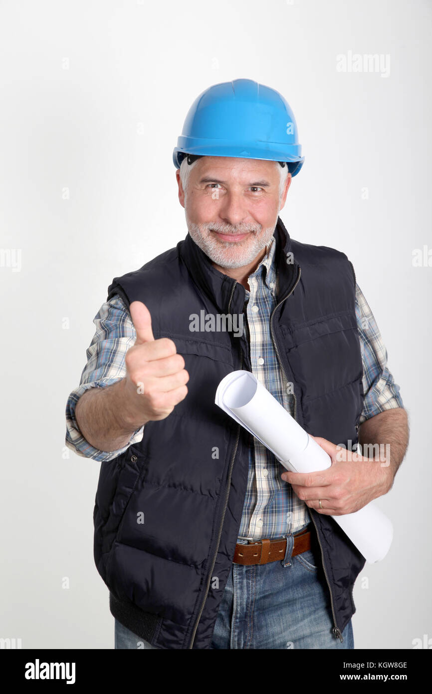 Construction site manager with security helmet Stock Photo - Alamy