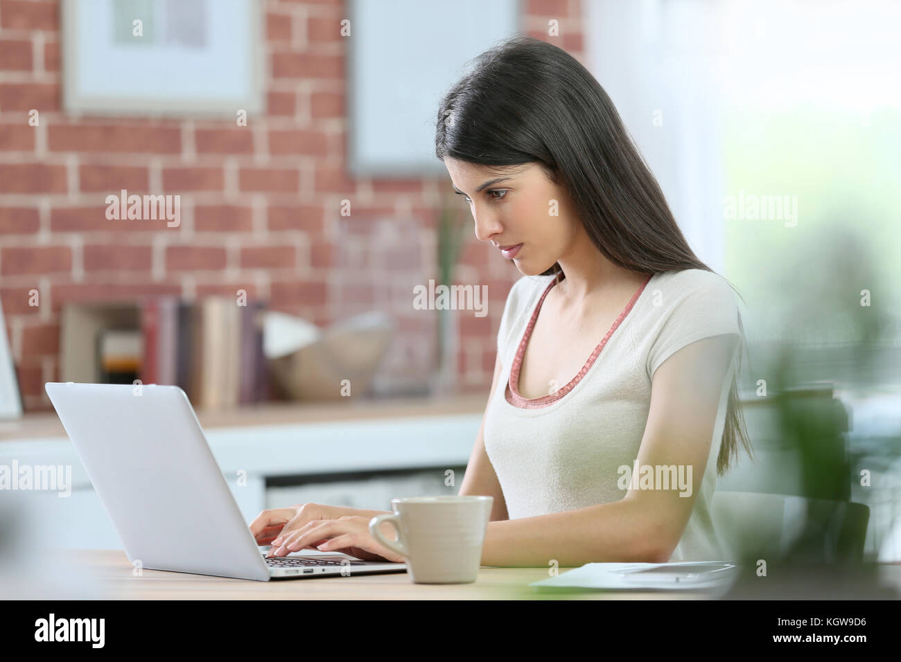 Young brunette woman connected on internet with laptop Stock Photo - Alamy