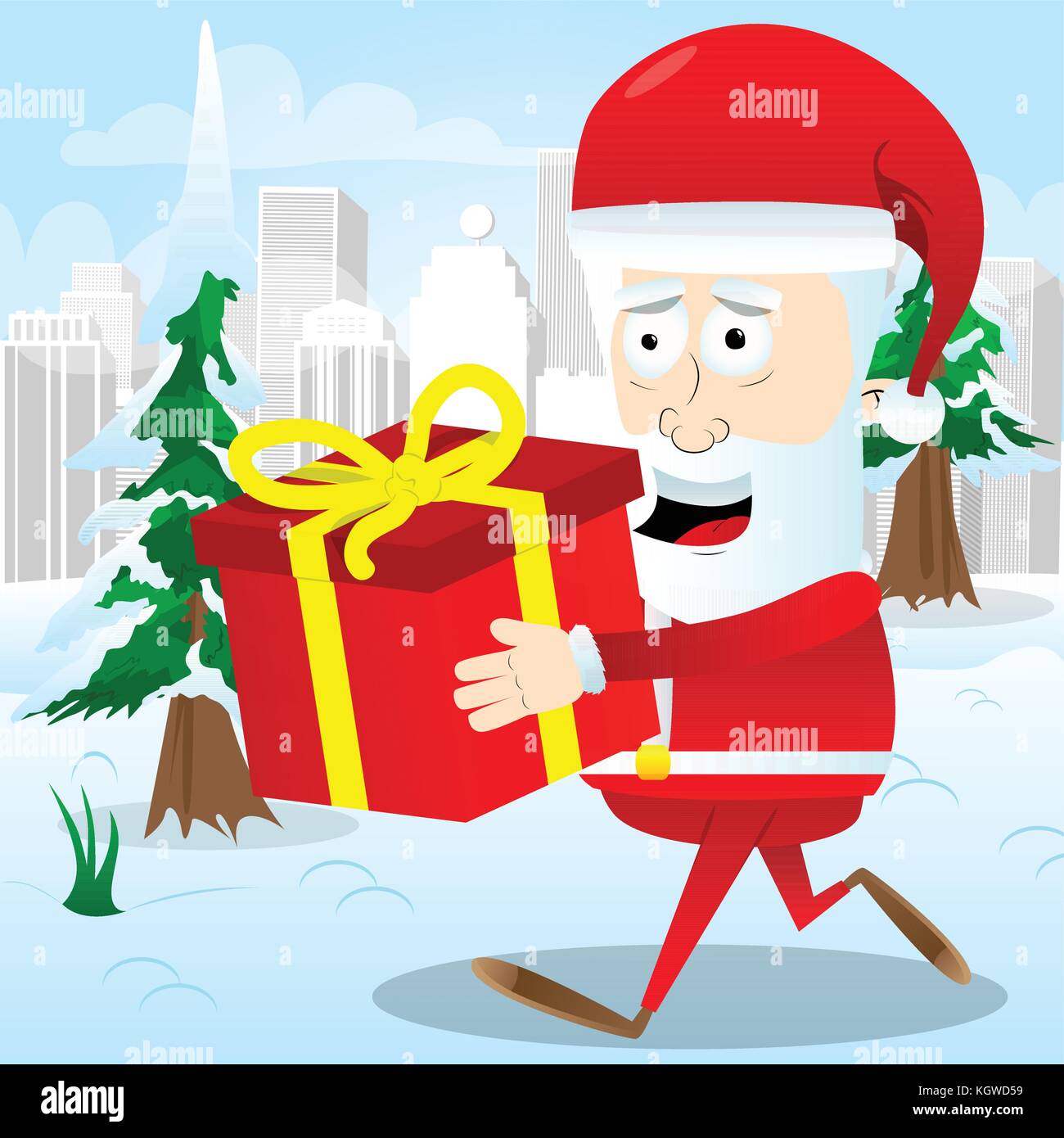 Santa Claus character running with gift box. Vector cartoon ...