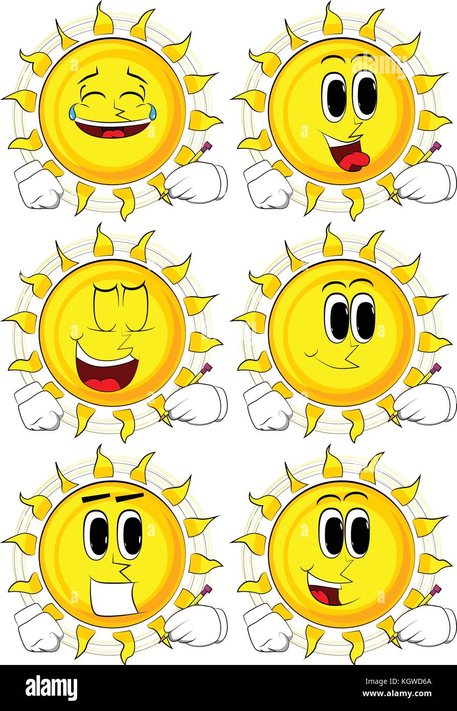 Cartoon sun writing with pencil. Collection with happy faces ...