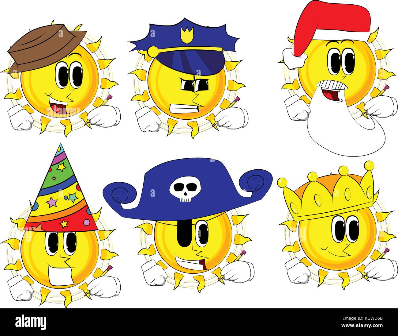 Cartoon sun writing with pencil. Collection with costume. Expressions ...