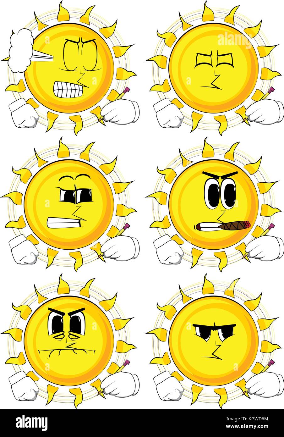 Cartoon sun writing with pencil. Collection with angry faces ...