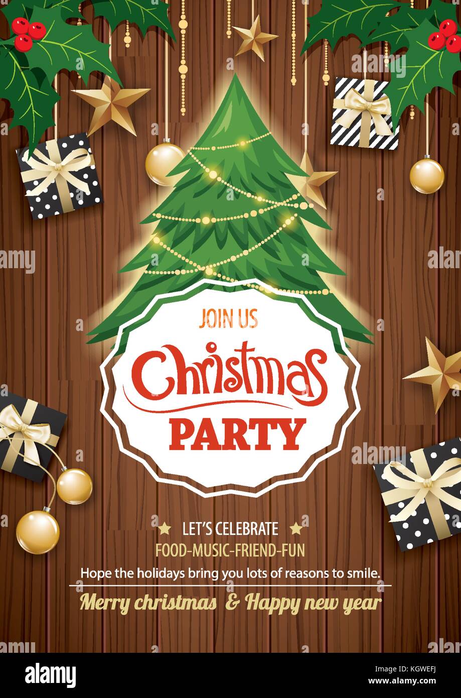 Merry christmas party and tree on wooden background invitation theme ...