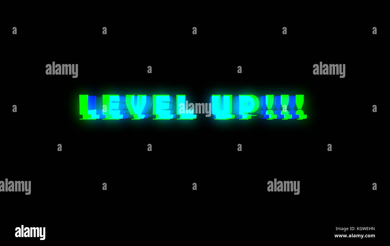 Level UP text with bad signal. Glitch effect. 3d rendering Stock Photo ...