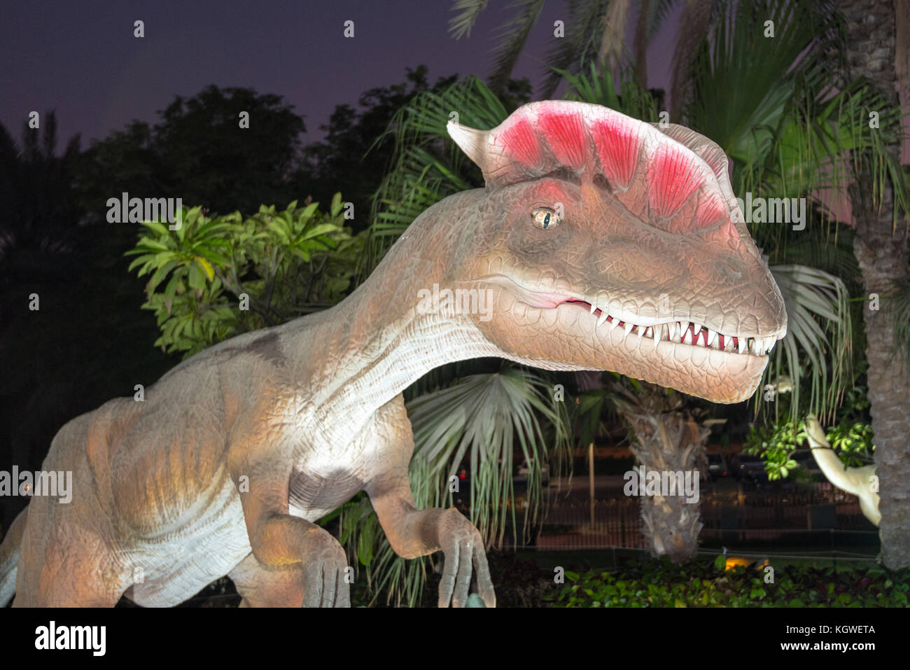 DUBAI, UAE - 28OCT2017: Model of a dilophosaurus in Dubai Dinosaur Park ...
