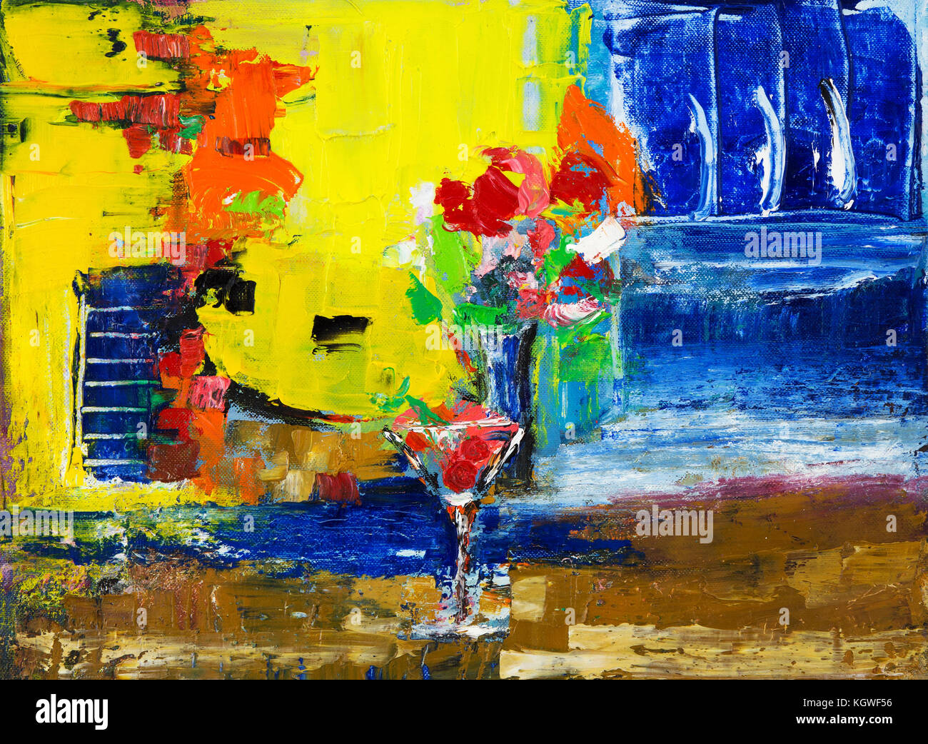 Abstract painting of cocktail and flowers on canvas.Modern ...