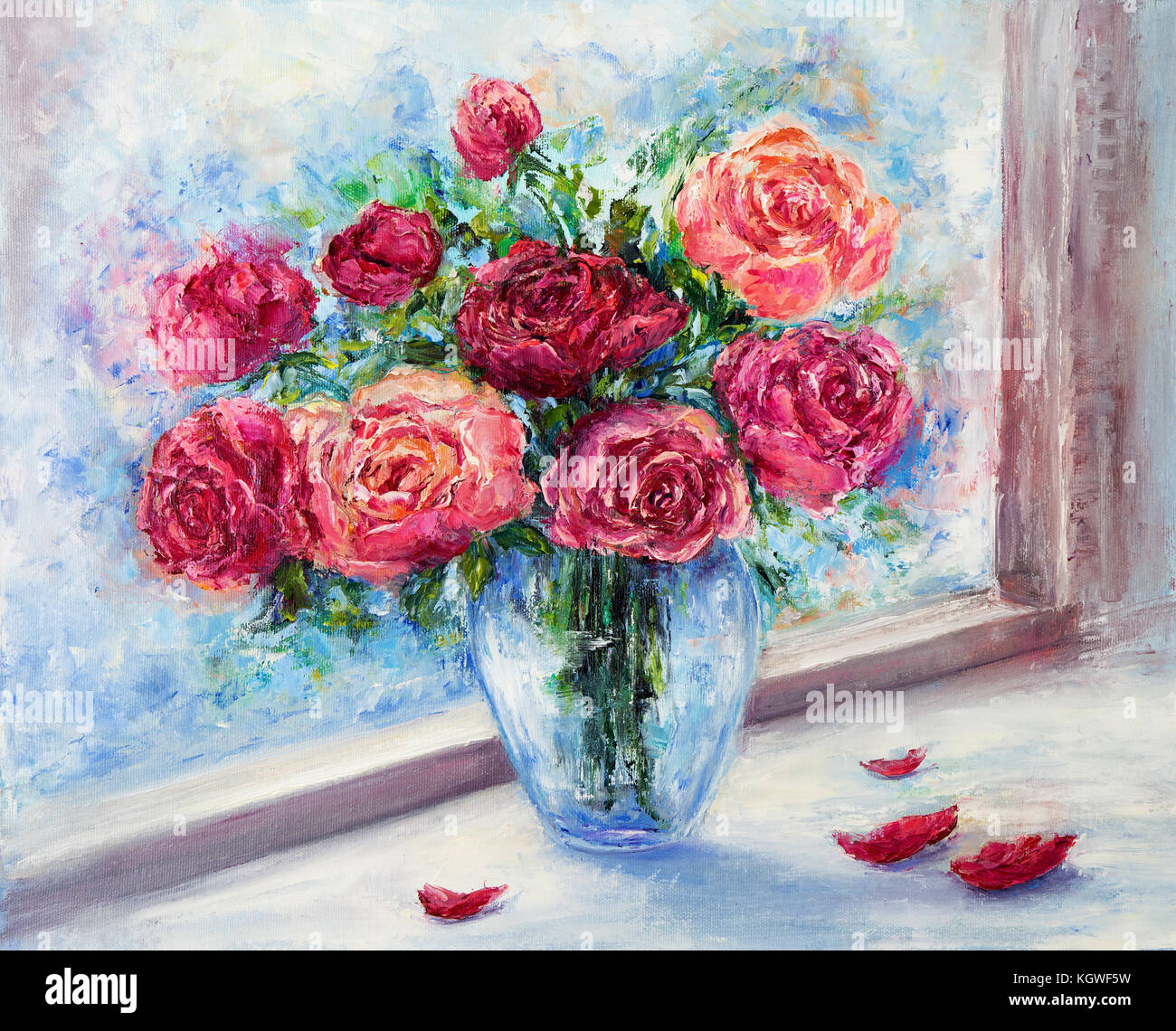 Original oil painting of beautiful vase or bowl of fresh roses on ...