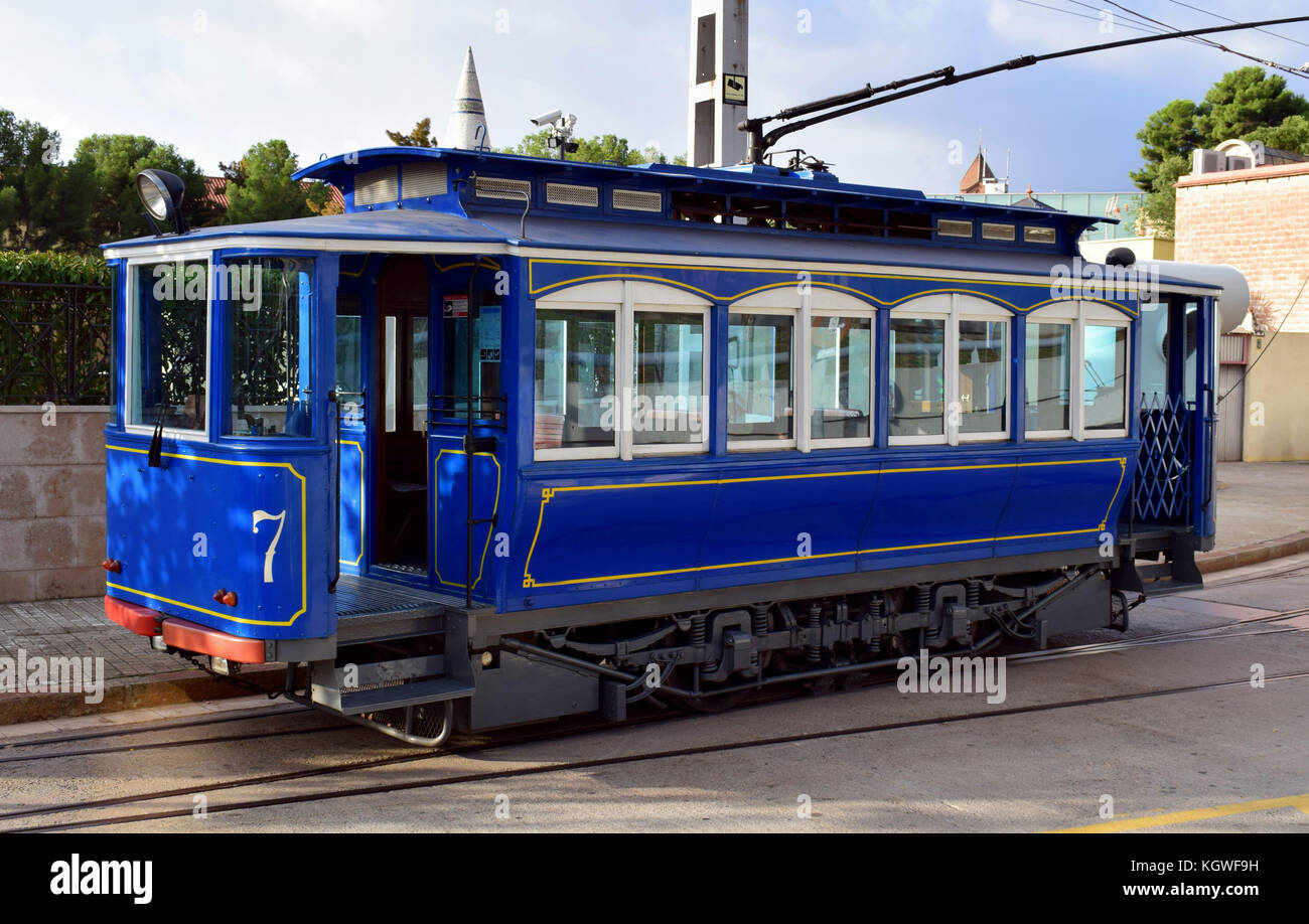 Blue Streetcar in Barcelona Stock Photo - Alamy