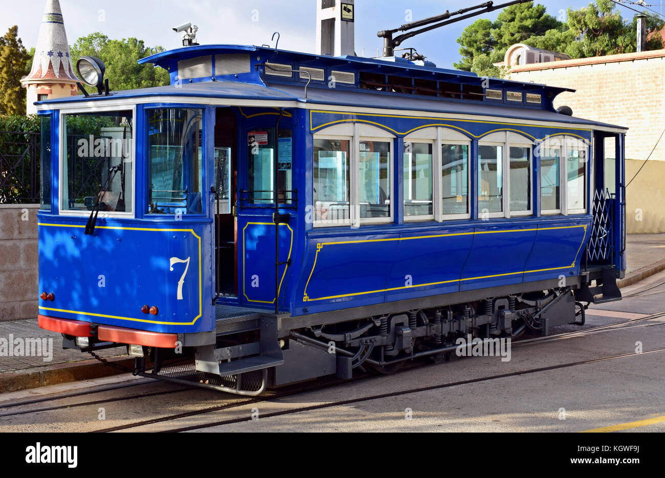 Blue Streetcar in Barcelona Stock Photo - Alamy