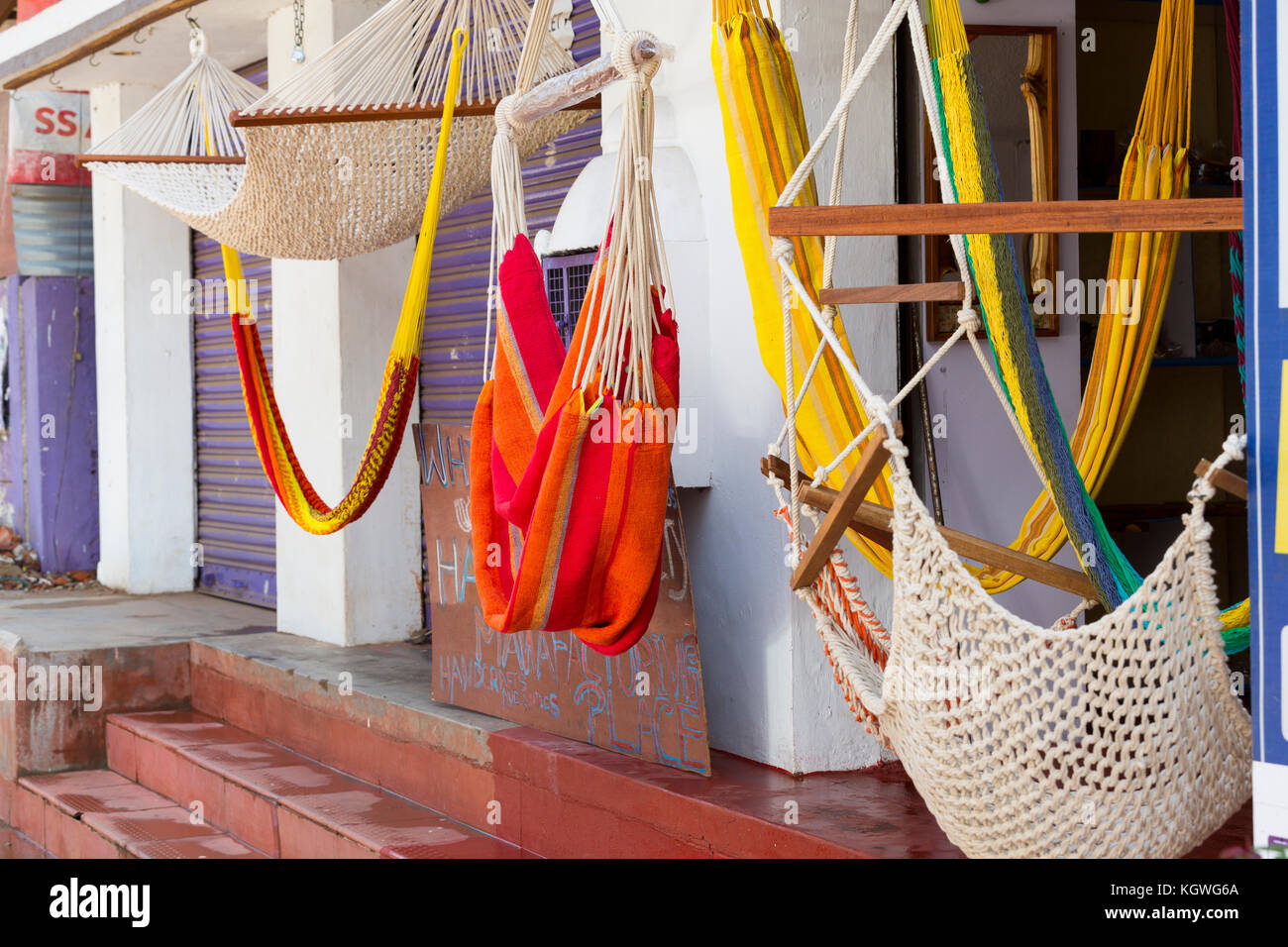 Colorful hammocks for sale outdoor in India? Concept of vacations ...
