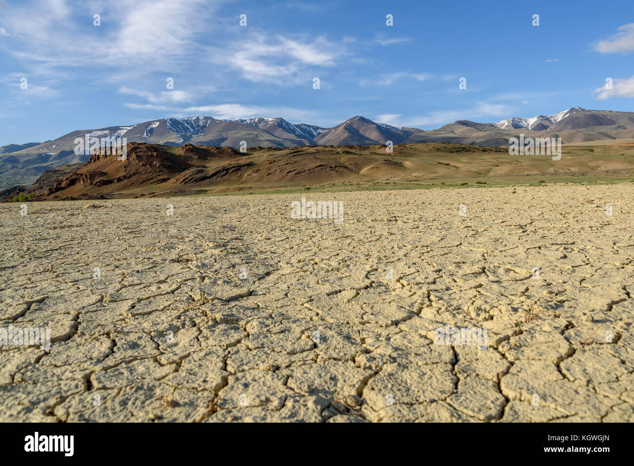 Scenic desert steppe landscape with mountains and the dry ground with ...
