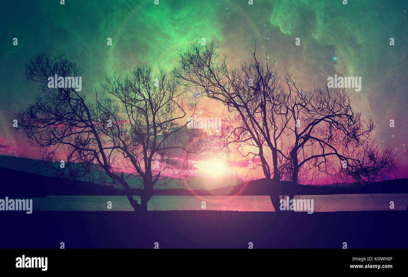 infrared landscape with red alien sky with manny stars over the ...