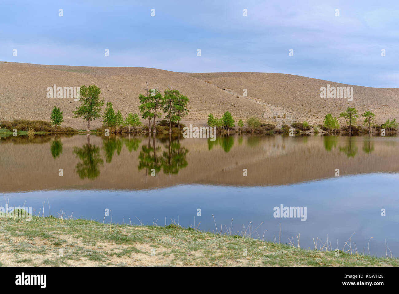 Bright beautiful steppe landscape with a lake and reflection in it ...