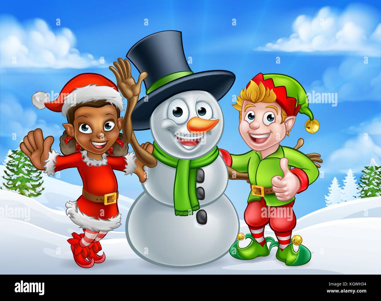 Cartoon Christmas Snowman and Elf Santas Helpers Stock Vector Image ...