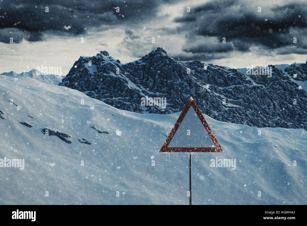 3d rendering of avalanche danger sign in front of snow covered rocky ...