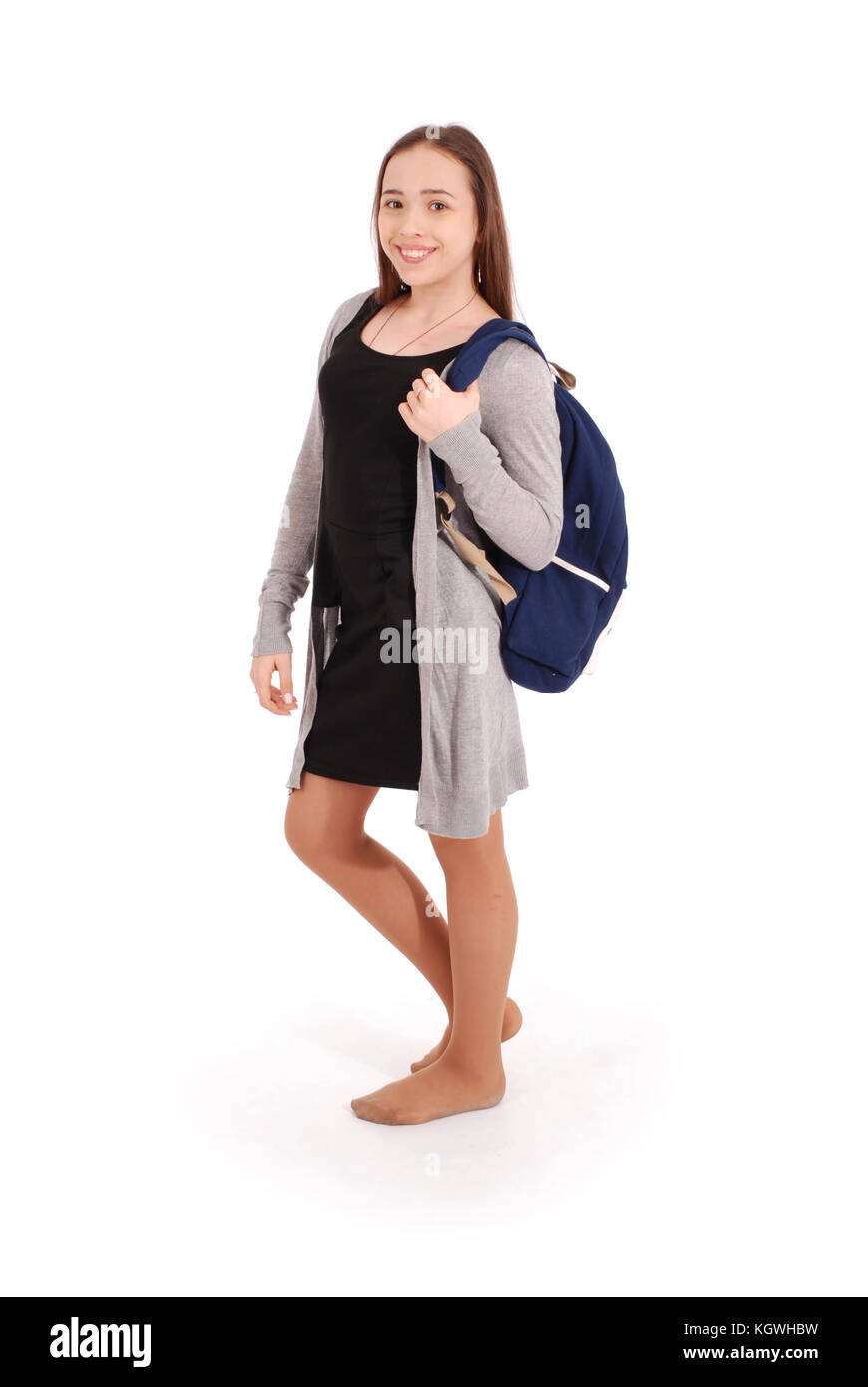 Portrait of teenager girl with school backpack isolated on white ...