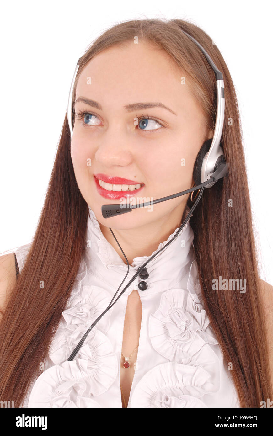 Beautiful customer service operator student girl with headset, isolated ...