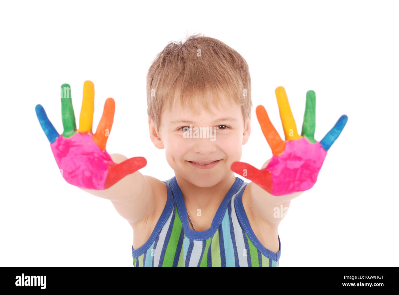 Beautiful little boy with hands in the paint isolated on white Stock ...