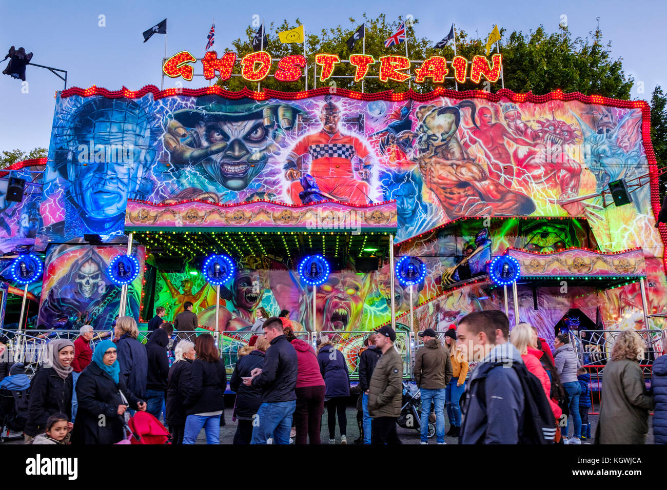 Ghost Train fairground ride in the evening, Goose Fair, Nottingham ...