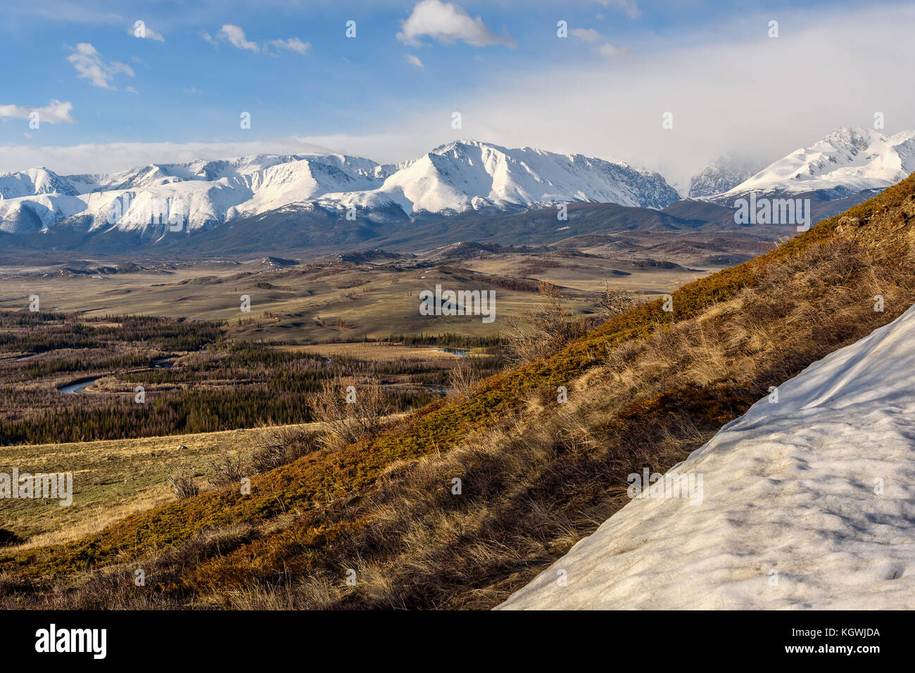 Scenic view with the beautiful mountains with snow and glaciers and the ...