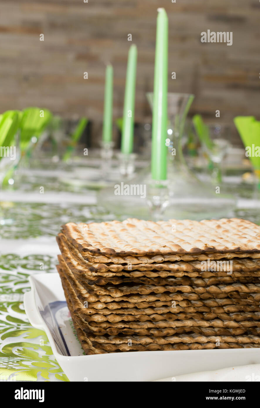 Modern Passover Seder table with green and gold decorations in Tel Aviv ...