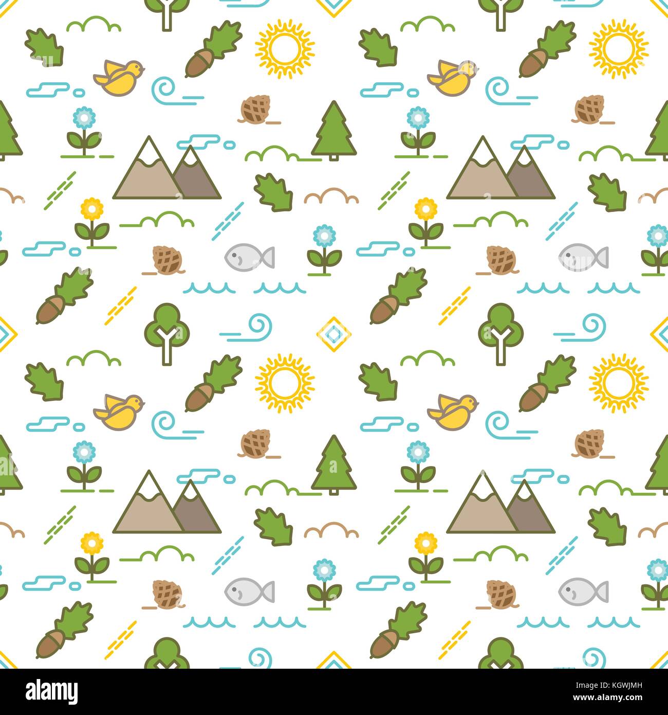 Seamless illustrated nature outdoors themed line style vector pattern ...