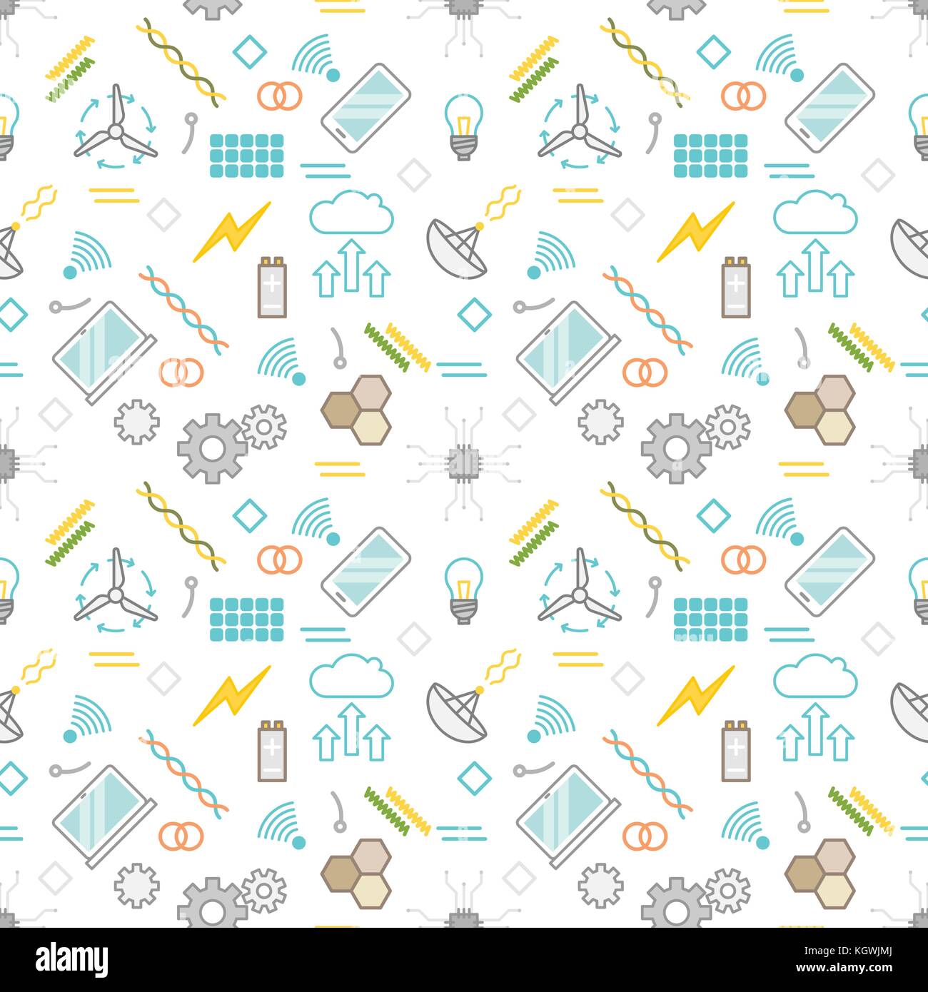 Seamless illustrated technology and science themed line style vector ...