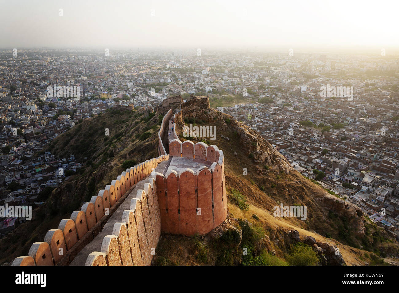 Nahargarh fort walls and the panorama of Jaipur, Rajasthan, India Stock ...