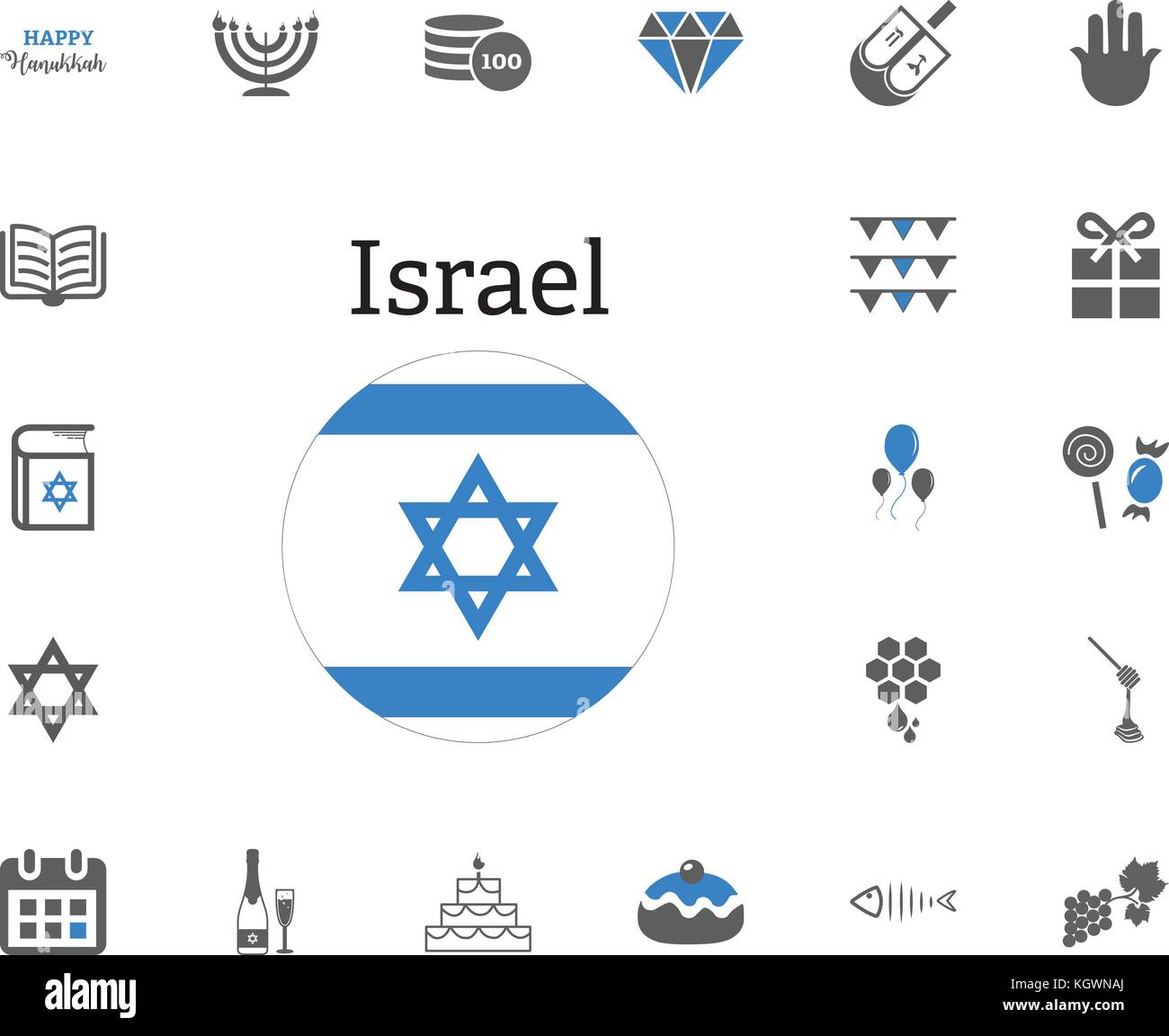 Israel flag icon. Jewish Holiday Hanukkah icons set. Vector ...
