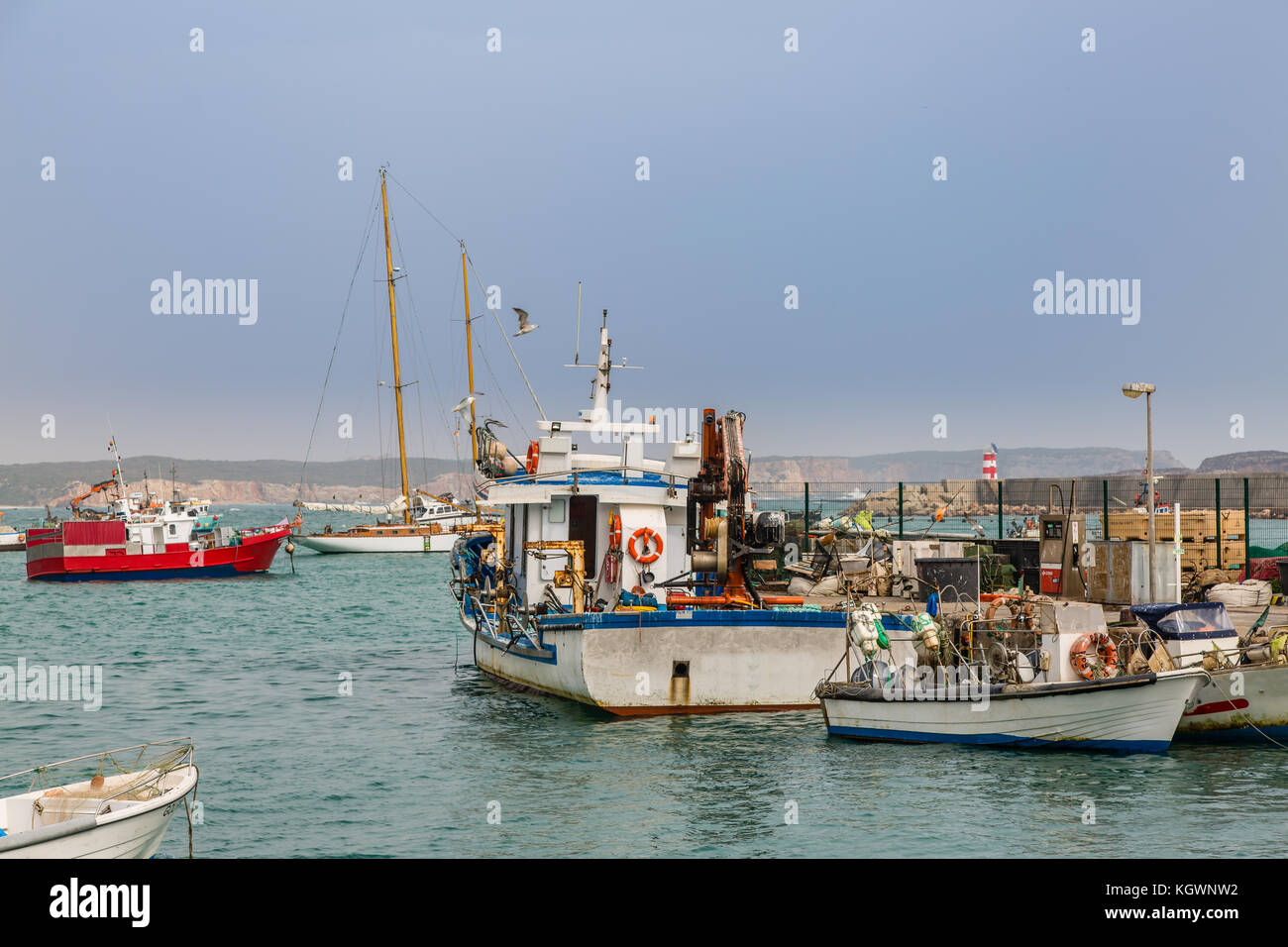 Fishing boats in the port of Sagres in the southwest cape of Europe ...
