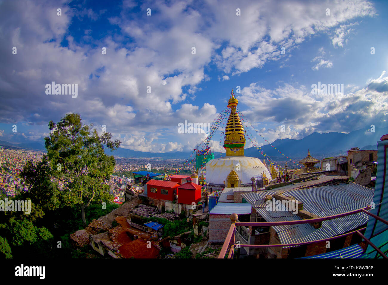 KATHMANDU, NEPAL OCTOBER 15, 2017: Beautiful landscape with eyes of the ...