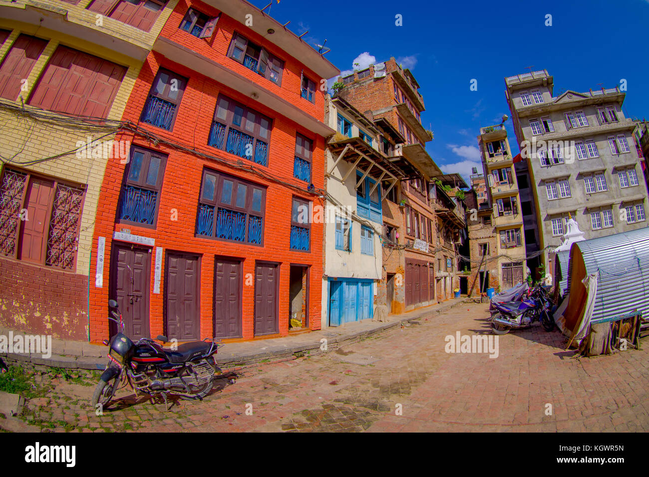 KATHMANDU, NEPAL OCTOBER 15, 2017: A building facade with brick wall of ...