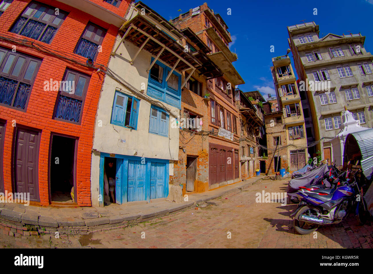 KATHMANDU, NEPAL OCTOBER 15, 2017: A building facade with brick wall of ...