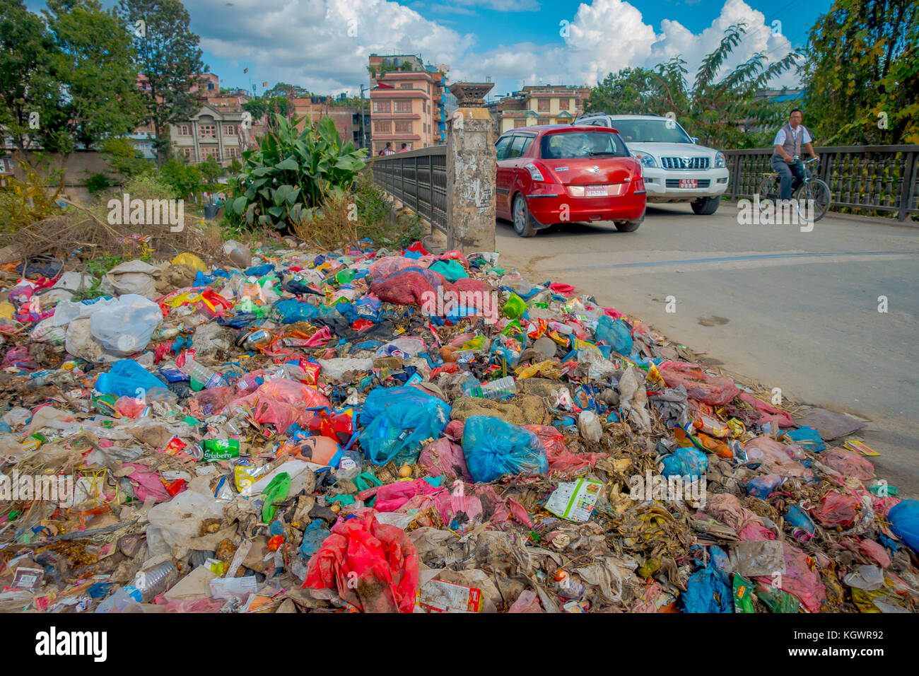 KATHMANDU, NEPAL OCTOBER 15, 2017: Food and pile of domestic garbage in ...