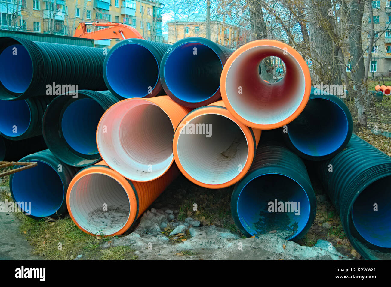 Pipes of PVC large diameter prepared for laying on construction site ...