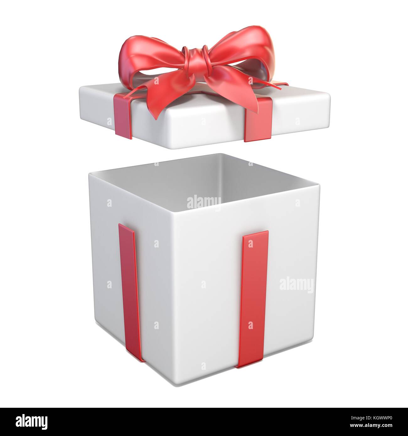 Opened white gift box and red ribbon bow 3D render illustration ...