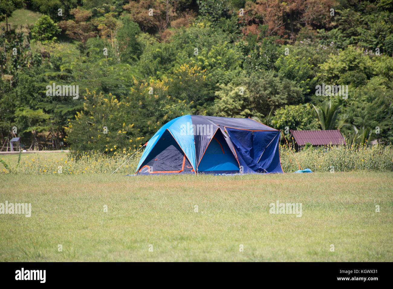 Travelers people build tent camping on grass field for rest and sleep ...