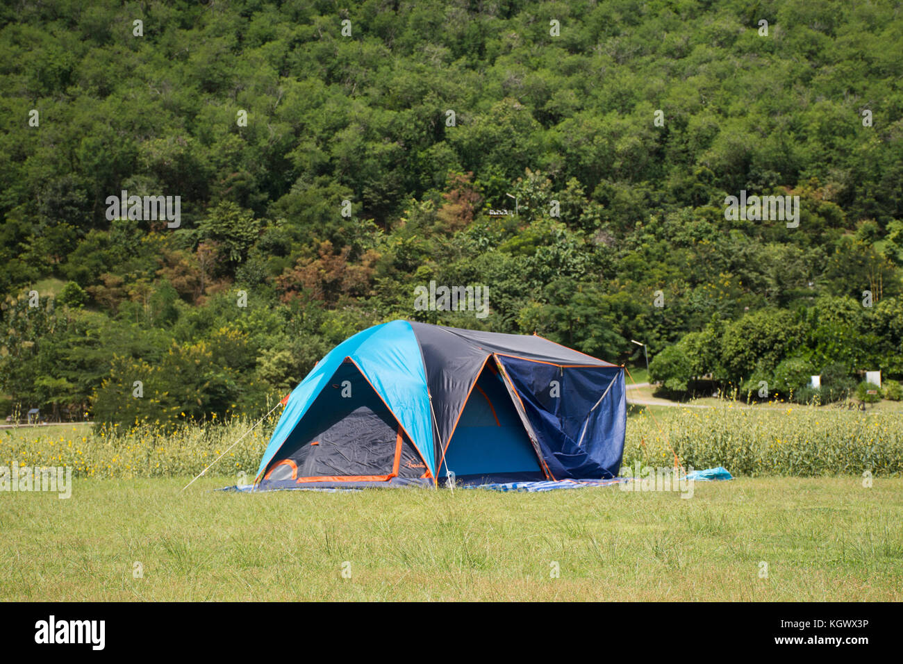 Travelers people build tent camping on grass field for rest and sleep ...