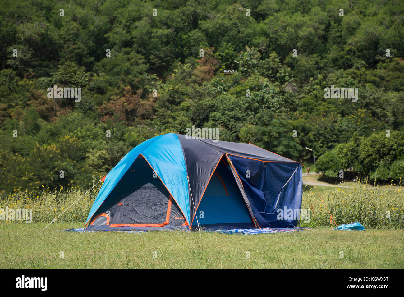 Travelers people build tent camping on grass field for rest and sleep ...